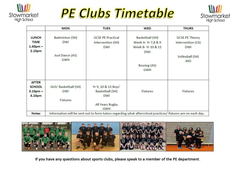 Extra-Curricular & PE Clubs Timetables | Stowmarket High School